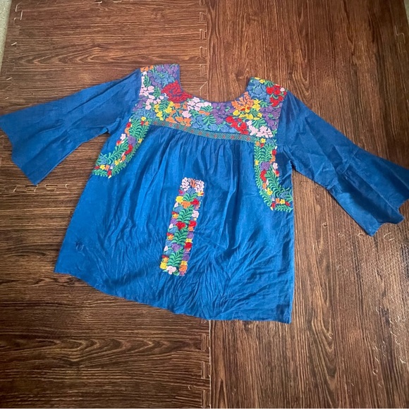 Modcloth | Tops | Retro 7s Inspired Blue Embroidered Bell Sleeve ...